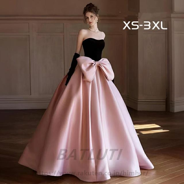 カラードレス ピンク ブラック イブニングドレス パーティードレス ウエディングドレス ロングドレス ピンクドレス ベアトップ リボン付き トレーンあり ファスナー ピアノ 演奏会 司会者 ド 発表会