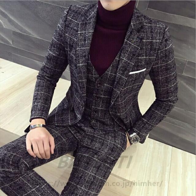 スーツ スリム メンズ ウォッシャブル バックスリット 上下洗える 1つボタン チェック柄 ビジネススーツ セットアップ オシャレ 高級感 秋冬 通年 細身 suit スリーピー 春夏