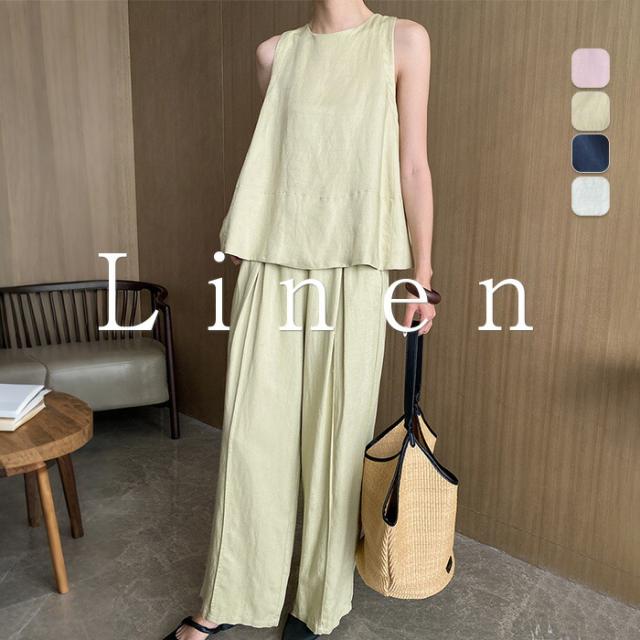 リネン セットアップ レディース カジュアル 夏 トップス ワイドパンツ ロング丈 ロングパンツ 麻混 麻 ノースリーブ リラックス リネンパンツ 2点セット オフィスカジュアル 夏旅 ウエストゴム