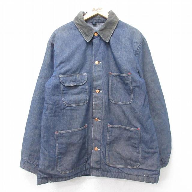 古着 長袖 カバーオール メンズ 80年代 80s 襟コーデュロイ 大きいサイズ 紺 ネイビー デニム他 内側ブランケット spe XLサイ 中古 古着