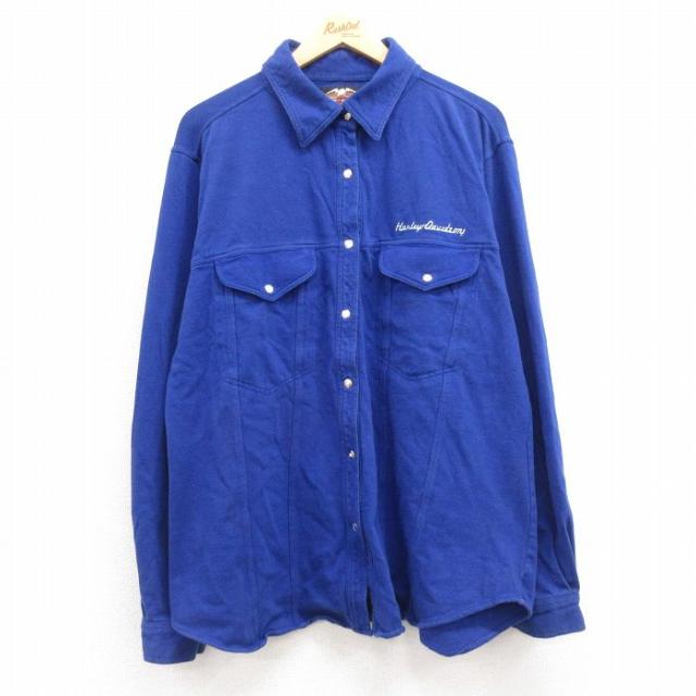 古着 ハーレーダビッドソン Harley Davidson 長袖 ウエスタン シャツ レディース ワンポイントロゴ 大きいサイズ コットン 青 ...