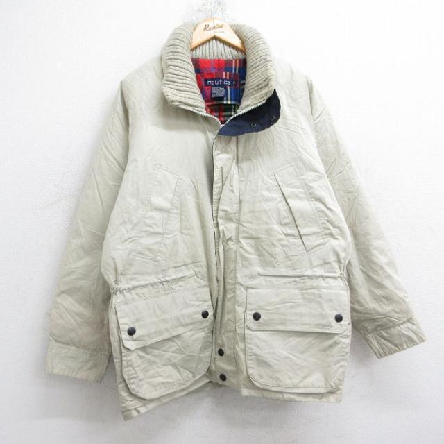 古着 ノーティカ NAUTICA 長袖 ブランド ダウン ジャケット メンズ 90年代 90s ヒジ当てレザー ラグラン ロング丈 コットン 薄 中古 古着