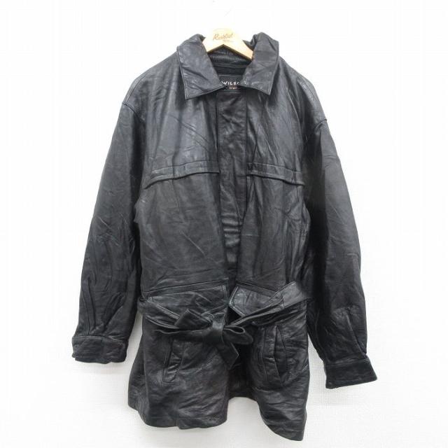 古着 ウィルソン 長袖 レザー コート メンズ シンサレート ロング丈 黒 ブラック 内側フリース spe XLサイズ 中古 アウター 中古 古着