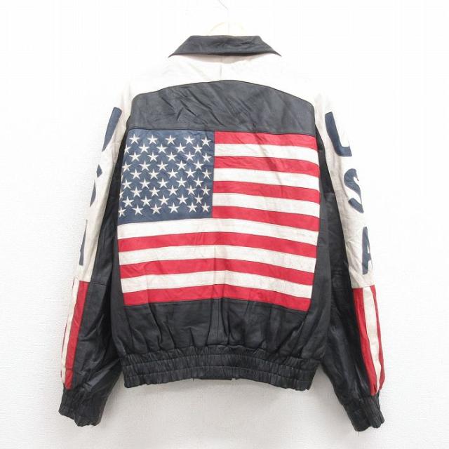古着 長袖 レザー ジャケット メンズ 星条旗 黒 ブラック spe XLサイズ 中古 アウター 革ジャン 皮ジャン 中古 古着