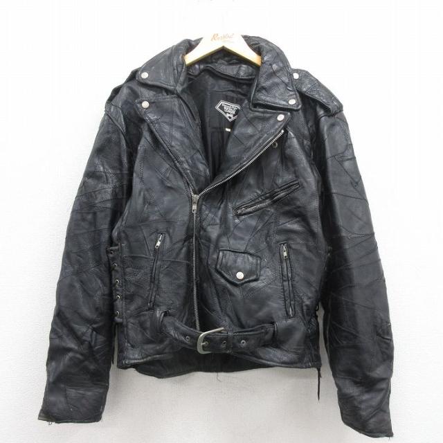 古着 長袖 レザー ジャケット メンズ 00年代 00s ダブルライダース パッチワーク 黒 ブラック spe Lサイズ 中古 アウター 革ジ 中古 古着