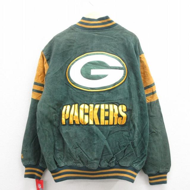 古着 長袖 スエード レザー ジャケット スタジャン メンズ NFL グリーンベイパッカーズ 大きいサイズ デッドストック 緑 グリ 中古 古着
