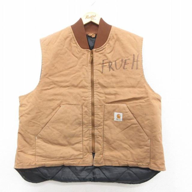 古着 カーハート Carhartt ベスト メンズ 90年代 90s ワンポイントロゴ ダック地 コットン USA製 ベージュ カーキ 内側キルテ 中古 古着