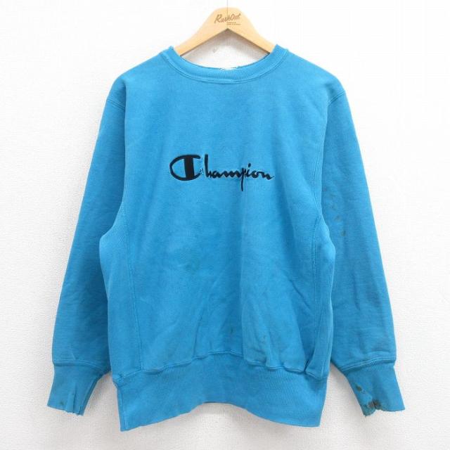 古着 長袖 チャンピオン Champion リバースウィーブ メンズ 90年代 90s ビッグロゴ 刺繍 クルーネック USA製 青 ブルー Lサイ 中古 古着