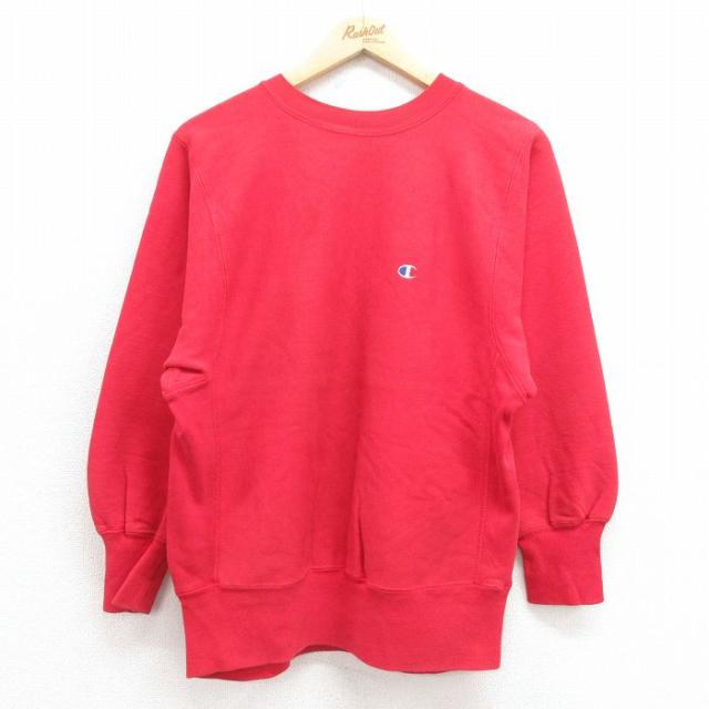 古着 長袖 チャンピオン Champion リバースウィーブ メンズ 80年代 80s ワンポイントロゴ クルーネック 赤 レッド Mサイズ 中 中古 古着