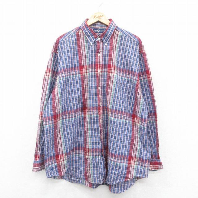古着 ラルフローレン Ralph Lauren 長袖 ブランド シャツ メンズ 90年代 90s ワンポイントロゴ 裾ロゴ ビッグシャツ シアサッ 中古 古着