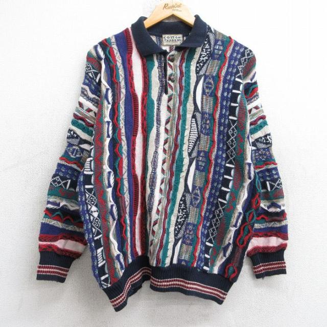 古着 COTTON TRADERS 長袖 セーター メンズ 90年代 90s 3Dニット 襟付き 紺他 ネイビー spe Mサイズ 中古 ニット トップス 中古 古着