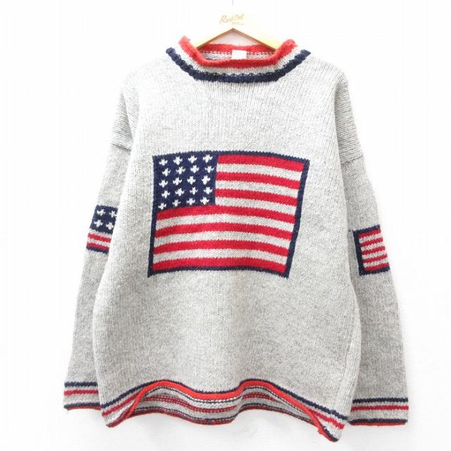 古着 長袖 セーター メンズ 星条旗 ウール クルーネック エクアドル製 グレー他 spe XLサイズ 中古 ニット トップス 中古 古着