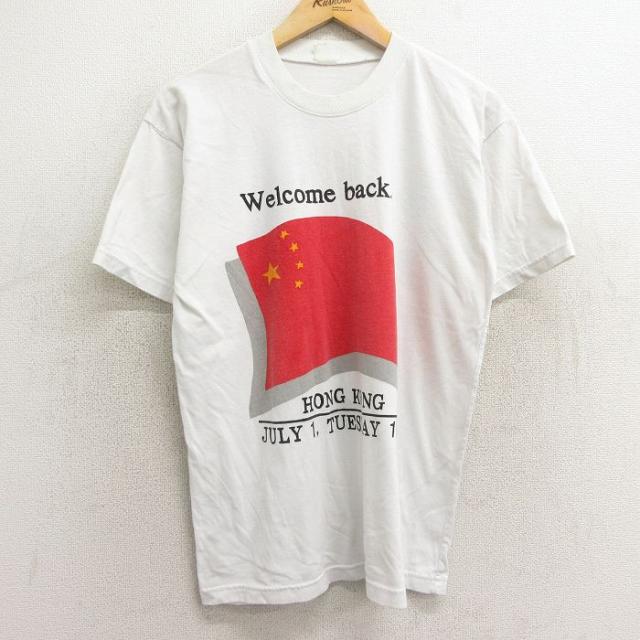 古着 半袖 ビンテージ Tシャツ メンズ 90年代 90s 中国 ユニオンジャック 香港返還 クルーネック 白 ホワイト spe Lサイズ 中 中古 古着