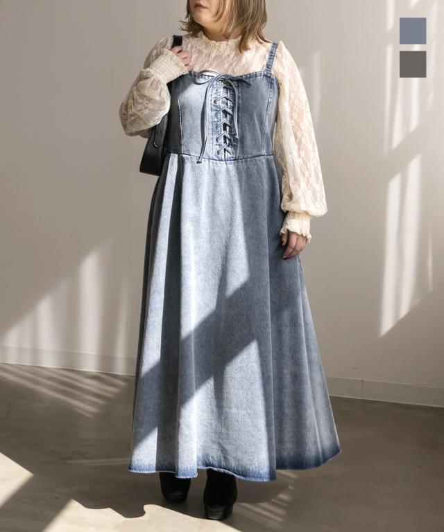 大きいサイズ/レディース/LL/3L/4L/CLETTEオリジナル★デニムレースアップジャンスカワンピース