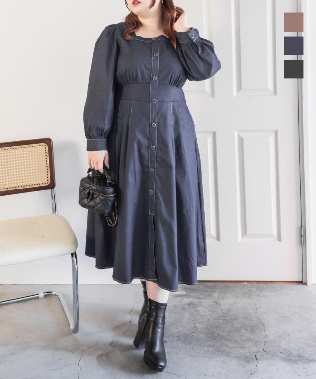 大きいサイズ/レディース/LL/3L/4L/CLETTEオリジナル配色ステッチスクエアネックワンピース