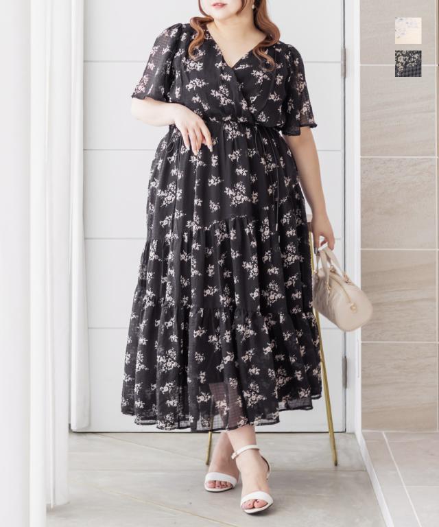 大きいサイズ/レディース/LL/3L/4L/CLETTEオリジナル★フレア袖ギャザー花柄ワンピース