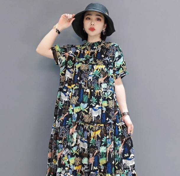 ワンピース シャツワンピース ティアードワンピース ロング丈 半袖 襟付き Aライン かわいい アジアン エスニック 個性的 アニマル柄 夏 秋 お出かけ 休日 リゾート ゆったり ブラック ハ 旅行