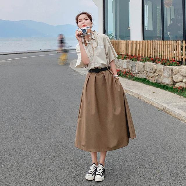 セットアップ レディース シャツ ロングスカート 個性的 五分袖 襟付き セミフレア 上下セット きれいめ シンプル カジュアル おしゃれ かっこいい こなれ感 抜け感 S L XL ベ M