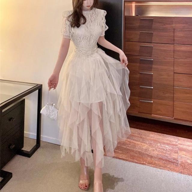 パーティードレス 結婚式 二次会 ロング丈 シースルー レース フレア ボリューム ワンピース おしゃれ ブルー ホワイト Aライン 半袖 デザイン きれいめ ハイネック カジュアル 二 ハイウェスト