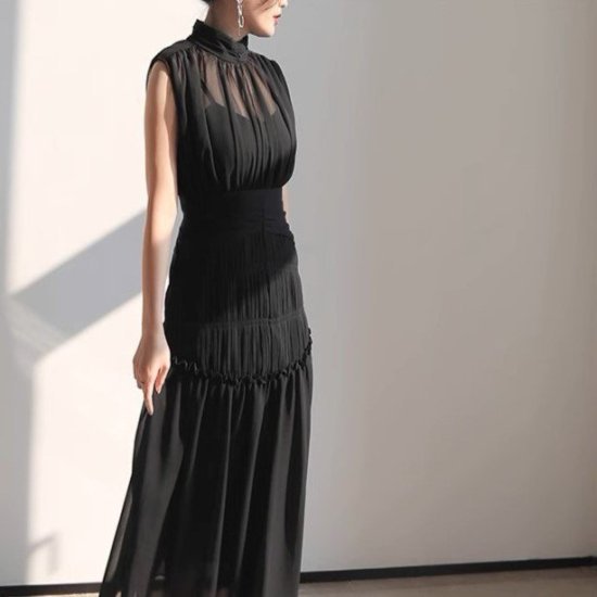 パーティードレス レディース ノースリーブ ワンピース スタンドカラー ハイネック シャーリング シアー シフォン ロングワンピース エレガント 上品 結婚式 謝恩会 披露宴 おしゃれ 演奏会