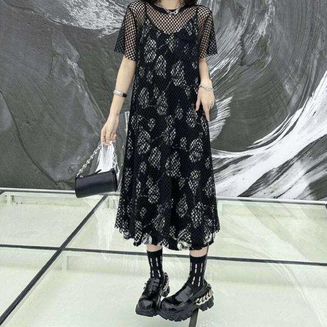 レディース セットアップ キャミワンピース ＆ メッシュ 半袖 ワンピース 2点セット ラウンドネック バックリボン モノトーン 大人可愛い ママコーデ 韓国系 オルチャン 人 ママファッション