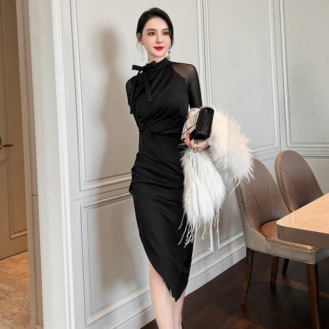 レディース ワンピース セクシー 御姉 アシンメトリー パーティー タイト Ｓ字型 切り替え ボウタイ スリット シースルー 長袖 ブラック 大人可愛い ママファッション 韓国系 オルチャ ママコーデ レディース ワンピース セクシー 御姉 アシンメトリー パーティー