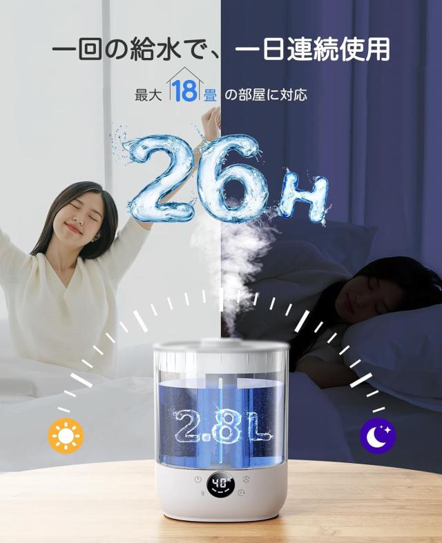 加湿器 ３重除菌・自動湿度調整 大容量 2.8L 卓上 小型 アロマ対応 湿度計機能 超音波式 18畳まで  3段階ミスト量 次亜塩素酸水対応 乾燥対策 上から給水 空焚き防止 切タイマー  PSE認証済