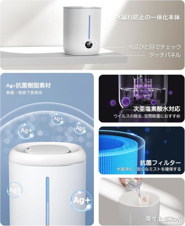 加湿器 ３重除菌・自動湿度調整 大容量 2.8L 卓上 小型 アロマ対応 湿度計機能 超音波式 18畳まで  3段階ミスト量 次亜塩素酸水対応 乾燥対策 上から給水 空焚き防止 切タイマー  PSE認証済