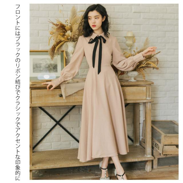 《送料無料》クラシックで上品！ワンピース ロング丈 レディース ロングワンピース マキシワンピース 長袖 クラシックワンピース トレロワンピース マキシ リボン ハイウエスト Aライン 春 秋