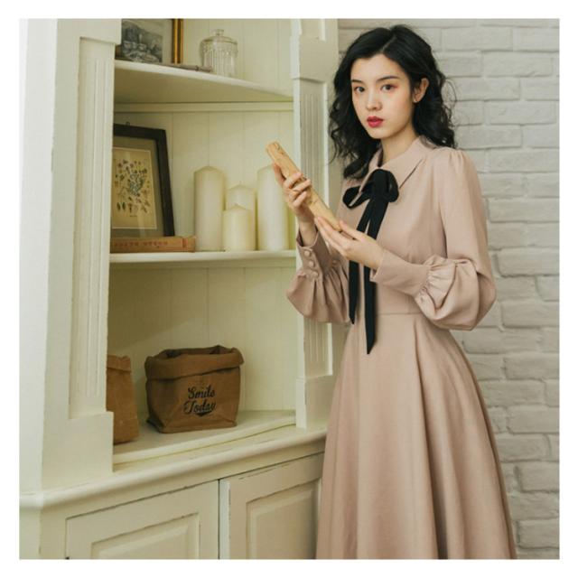 《送料無料》クラシックで上品！ワンピース ロング丈 レディース ロングワンピース マキシワンピース 長袖 クラシックワンピース トレロワンピース マキシ リボン ハイウエスト Aライン 春 秋
