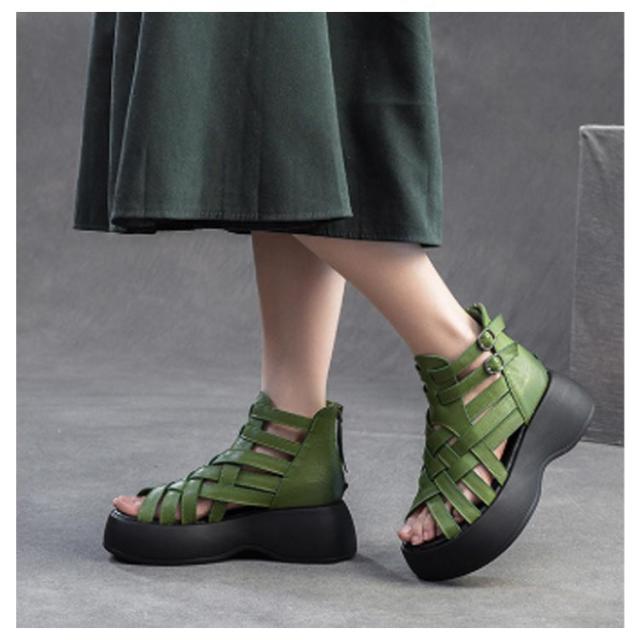 ブーツサンダル レディース 厚底 本革 グラディエーターサンダル 6cm 6センチ 牛革 厚底サンダル 編み込み オープントゥ 歩きやすい 美脚サンダル サマーブーツ バックジップ 22.5cm 23.0cm 23.5cm 24.0cm 24.5cm 25.0cm