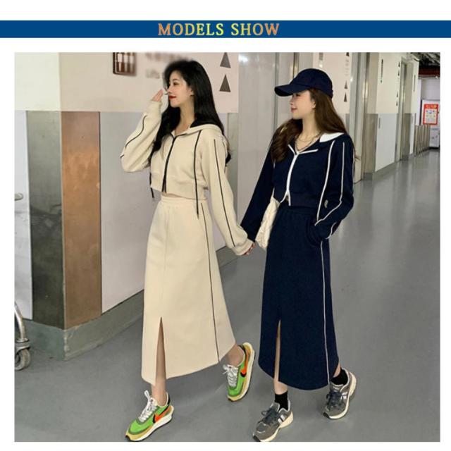 セットアップ レディース 秋冬 韓国風 きれいめ 帽付 長袖 パーカー スカート 上下セット 2点セット カジュアルセット ロング丈スカート 通勤 オシャレ 3色 セットアップ レディース 秋冬 韓国風 きれいめ 帽付 長袖 パーカー