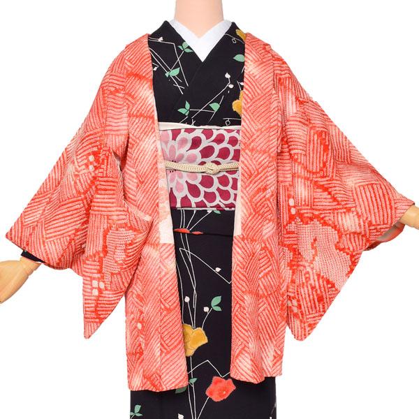 Prices down2】【中古品】羽織「オレンジ 花」正絹 総絞り 羽織り