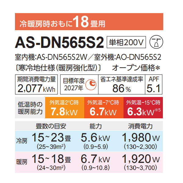 エアコン 富士通ゼネラル AS-DN565S2W 寒冷地向けエアコン ゴク暖ノクリア DNシリーズ 18畳用 ホワイト 5.6kW 単相200V