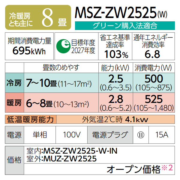 エアコン 8畳用 三菱電機 2.5kW  単相100V  霧ヶ峰 Zシリーズ 2025年モデル MSZ-ZW2525-W ルームエアコン ホワイト　MSZ-ZXV2525と同等品　壁掛け