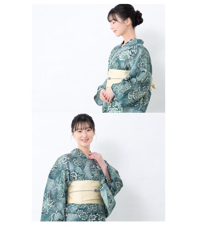 浴衣 セット レディース 浴衣セット 半幅帯 2025新作 京都室町夢 3点セット 緑 クリーム 牡丹唐草 花柄 レトロモダン おしゃれ 知多木綿 綿麻 帯 下駄 フリーサイズ 送料無料 浴衣 セット レディース 浴衣セット 半幅帯 2025新作 京都室町夢 3点