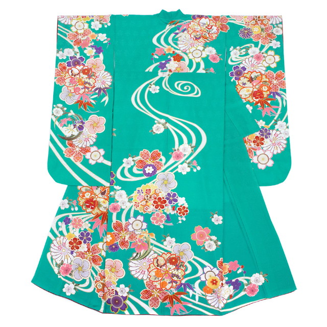 振袖セット 青緑 ブルーグリーン 牡丹 桜 梅 流水 笹 絵羽柄 正絹