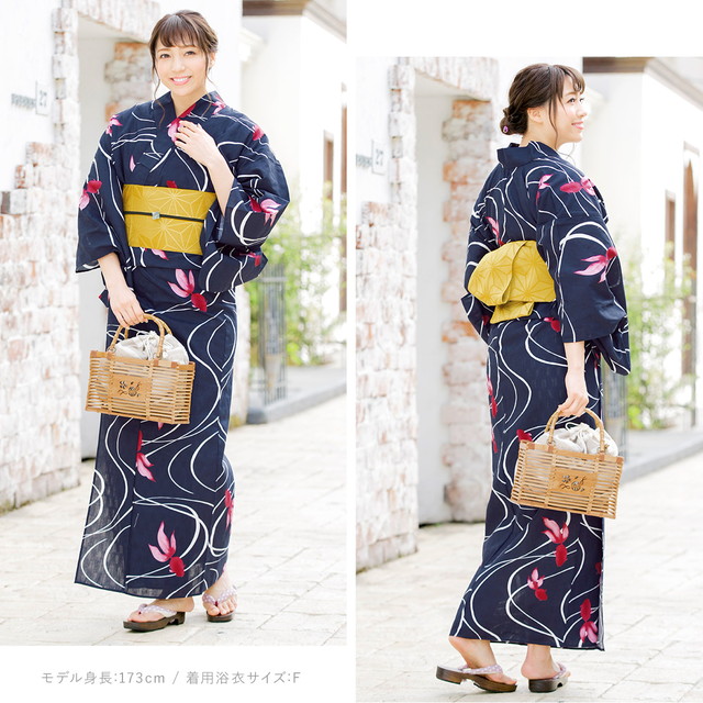 即納【レディース浴衣3点セット】浴衣セット/レディース/濃紺色/金魚/流水紋/綿/女性/マクレ/ボヌールセゾン/S/フリー/大人/送料無料 即納【レディース浴衣3点セット】浴衣セット/レディース/濃紺色/金魚