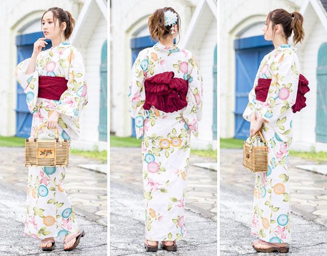 浴衣セット レディース レトロ 浴衣セット 大人 3点セット 白系
