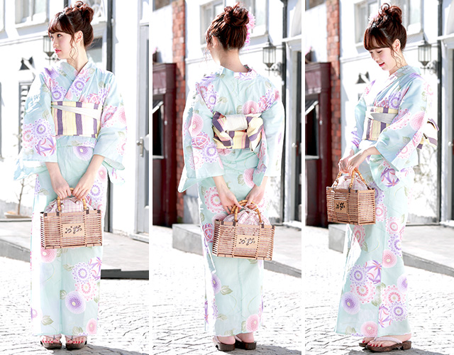 浴衣セット レディース レトロ 浴衣セット 大人 3点セット 水色 ブルー