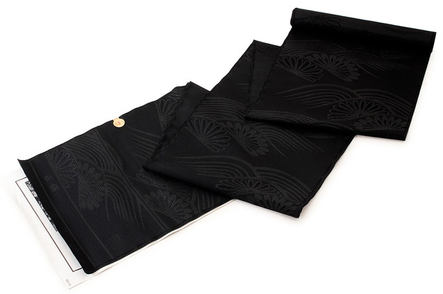 未仕立て】名古屋帯 九寸 石黒織物 黒 ブラック 菊 花 流水 絽 喪服