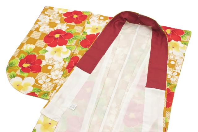 袴用二尺袖着物 夢千代 山吹茶色 イエローブラウン 赤 椿 花 市松
