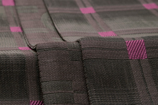 未仕立て】袋帯 弥栄織物 灰紫色 グレー 黒 赤紫色 格子 チェック 正絹