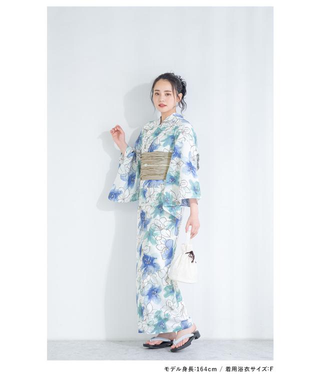 浴衣 セット レディース 浴衣セット 兵児帯 2023 大人 3点セット ホワイト 白 水色 青 百合 花 フラワー 亜麻色 S フリー 送料無料 浴衣 セット レディース 浴衣セット 兵児帯 2023 大人 3点セット