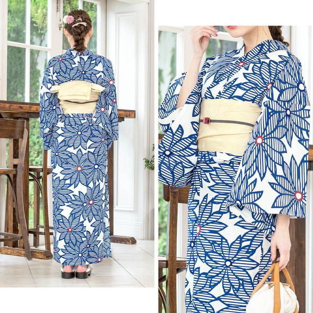 浴衣セット レディース 浴衣セット 大人 3点セット ブルー 青 白 薄