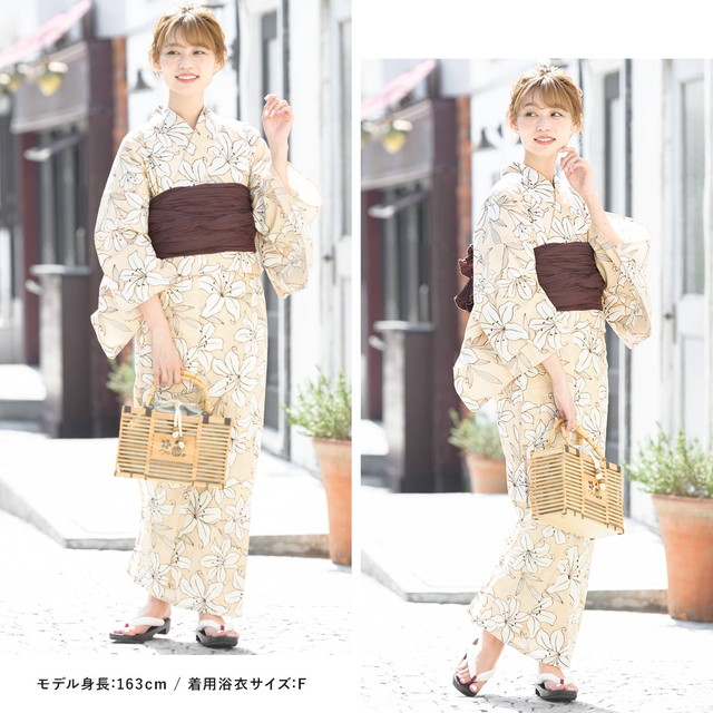 浴衣セット レディース レトロ 浴衣セット 大人 3点セット ベージュ 薄茶色 ホワイト 白 ボルドー 百合 ユリ 花 フラワー 綿 夏祭り 花火大会 女性用 S・フリー 浴衣セット レディース レトロ 浴衣セット 大人 3点セット ベージュ
