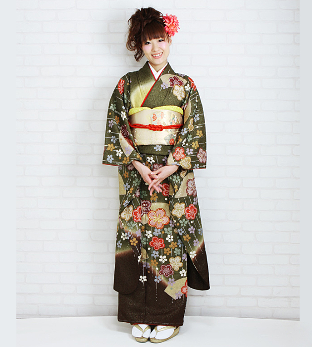 成人式 1月使用 振袖 レンタル モスグリーン色 扇面に花 NT-180-sei