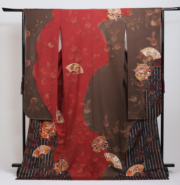 振袖 2月〜12月使用 振袖 レンタル エンジ・茶色 扇に糸巻 NT-186 送料無料 成人式 1月使用 振袖 レンタル エンジ・茶色 扇に糸巻 NT-186-sei 送料