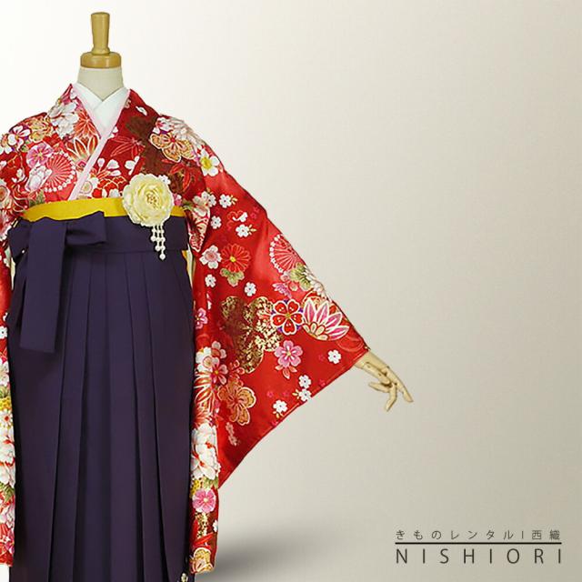 二尺袖着物 袴 レンタル 貸衣装 赤×紫×刺繍 袴 Mサイズ 小学生 対応