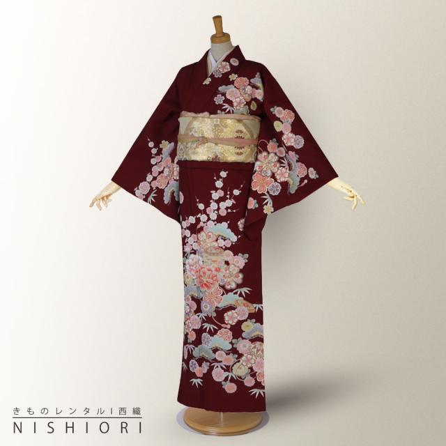 訪問着 レンタル 着物 貸衣装 フルセット 赤紫 えんじ 牡丹 松竹梅 貝